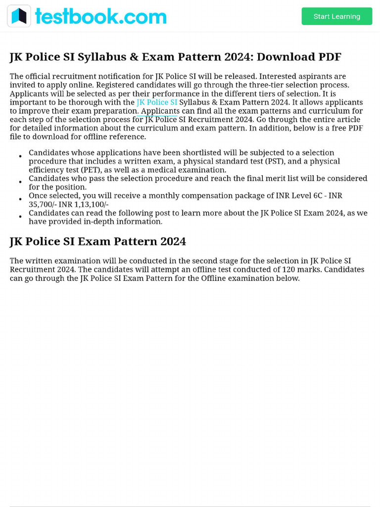JK Police SI Syllabus & Exam Pattern 2024 - Download PDF | PDF