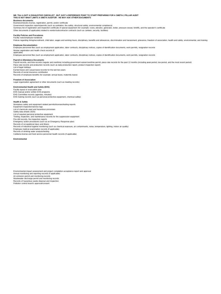 Sedex Audit Checklist Nonexhaustive | PDF | Occupational Safety And Health | Employment
