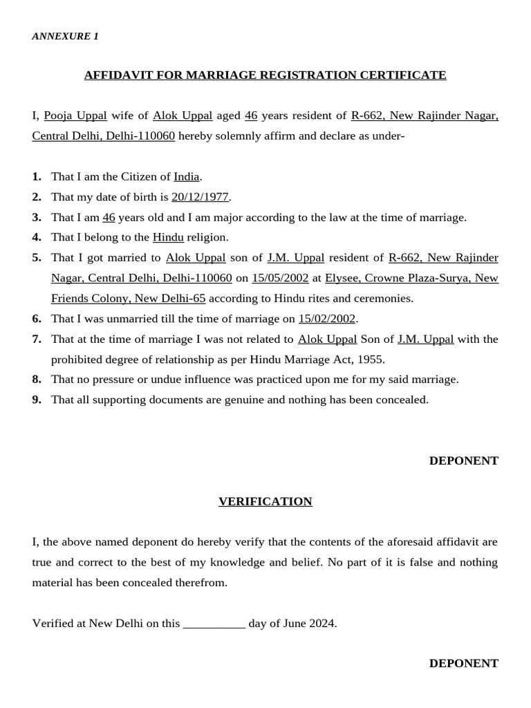 Marriage Registration Affidavit Format | PDF