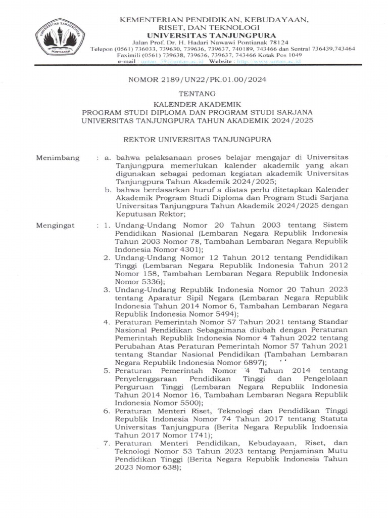 Kalender Akademik Prodi Diploma Dan Prodi Sarjana UNTAN TA. 2024 - 2025-1 | PDF