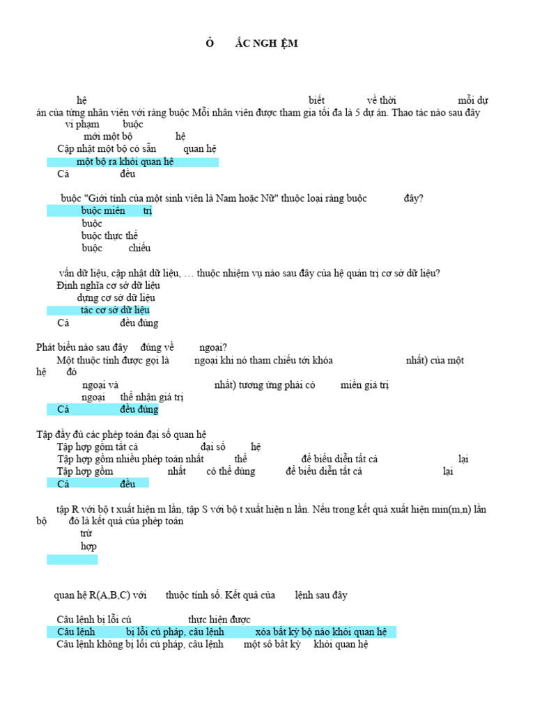 Cau Hoi Trac Nghiem CSDL | PDF