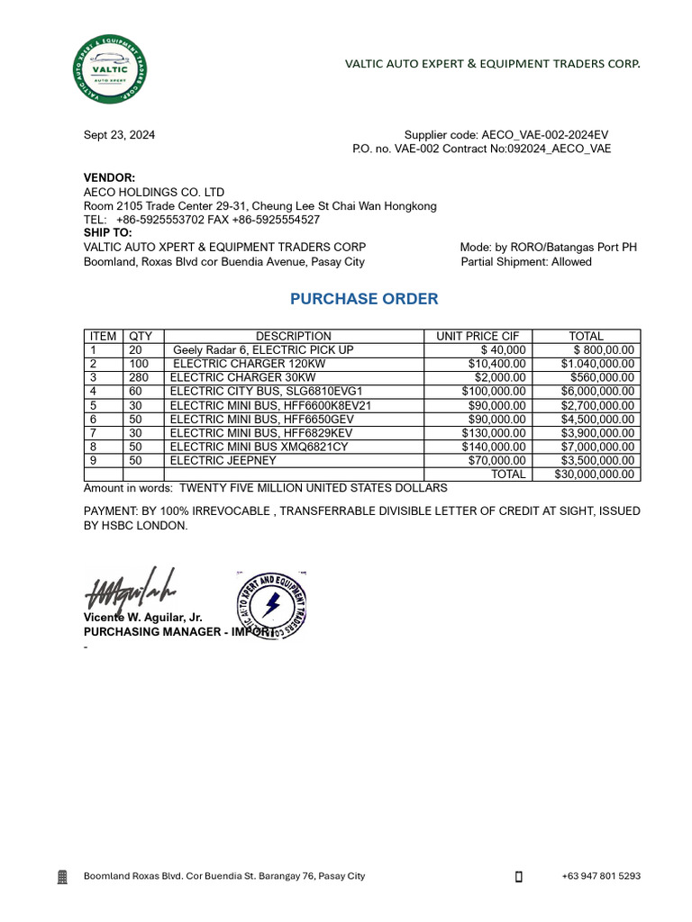30M - Aeco - VALTIC PURCHASE ORDER 001 | PDF | Home & Garden