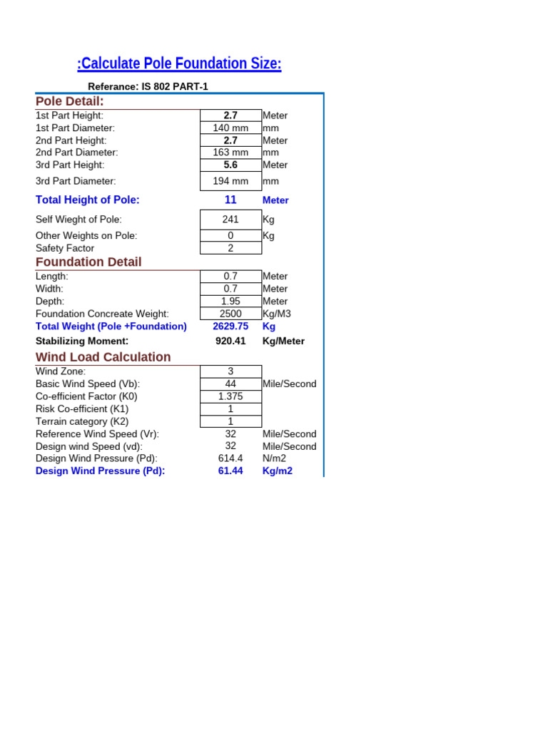 Calculate Pole Foundation Size (7.7.24) | PDF | Wound | Metre