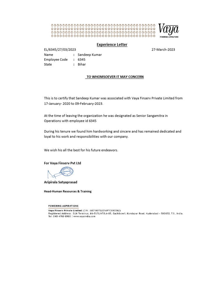 Vaya Finserv Relieving Letter for Sandeep Kumar | PDF | Career & Growth