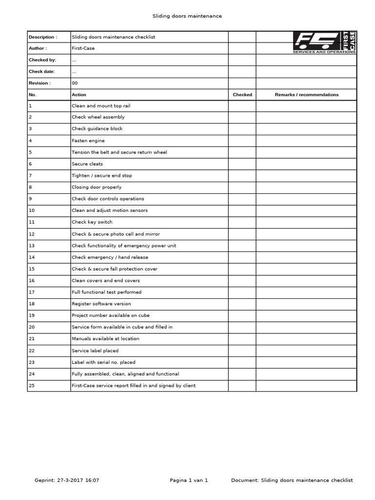 Sliding Doors Maintenance Checklist | PDF