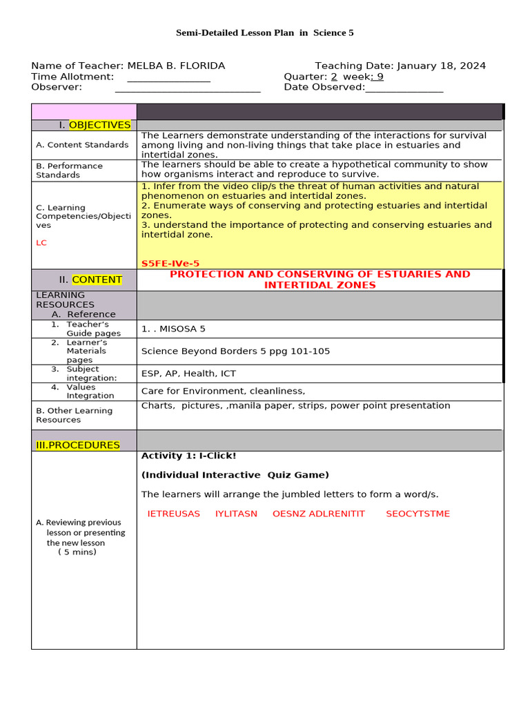COT-Semi-Detailed-Lesson Plan | PDF | Estuary | Habitat