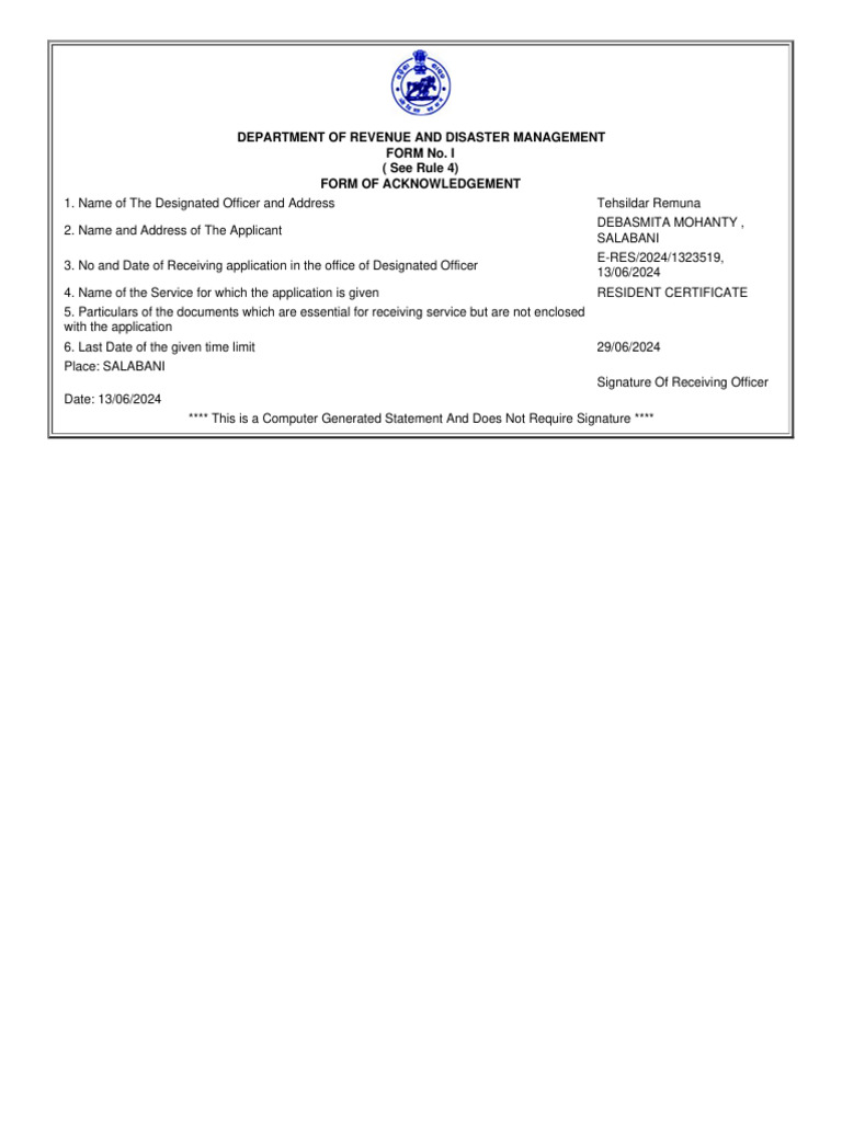 Department of Revenue and Disaster Management Form No. I (See Rule 4 ...