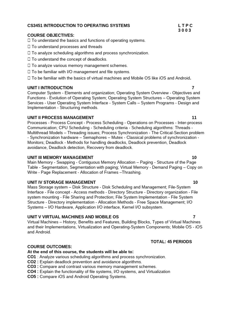 CS3451 Introduction To Operating Systems L T P C | PDF | Process (Computing) | Operating System