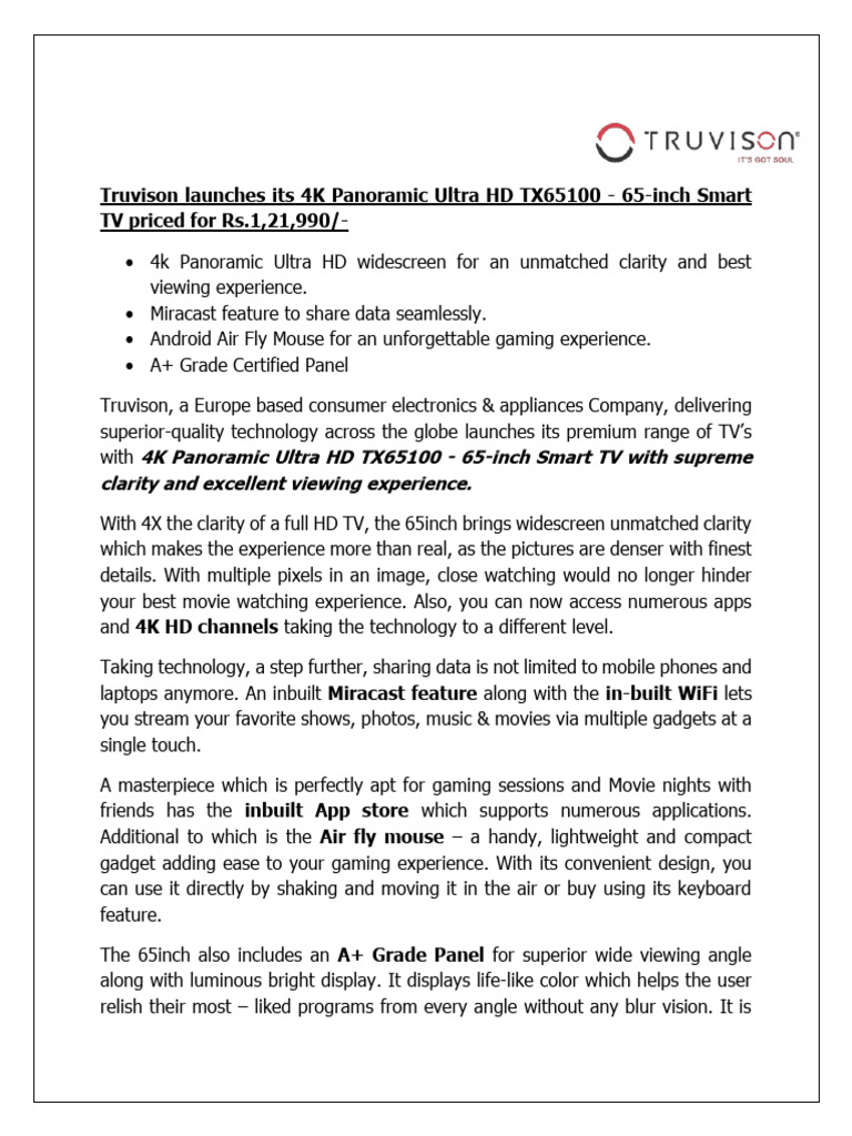 Truvison 65" 4K Ultra HD Smart TV Launch | PDF | Television | Mobile App