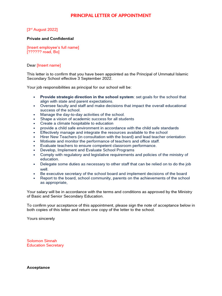 Principal Appointment Confirmation Letter | PDF | Career & Growth ...