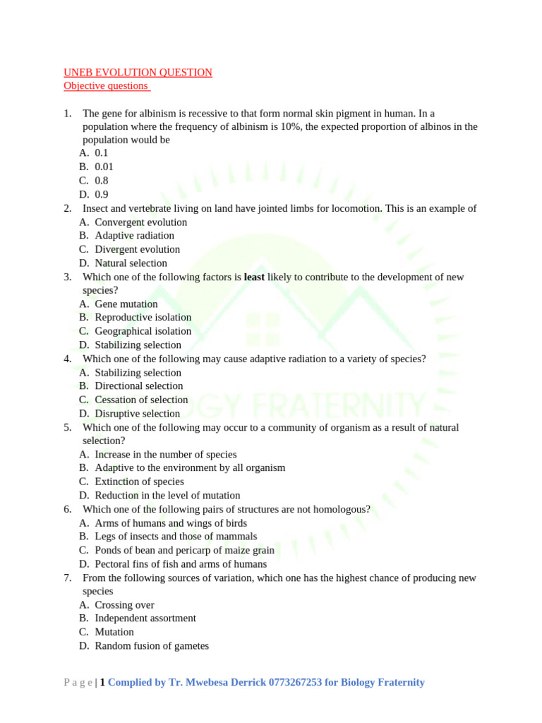 Uneb Evolution Question | PDF | Evolution | Natural Selection