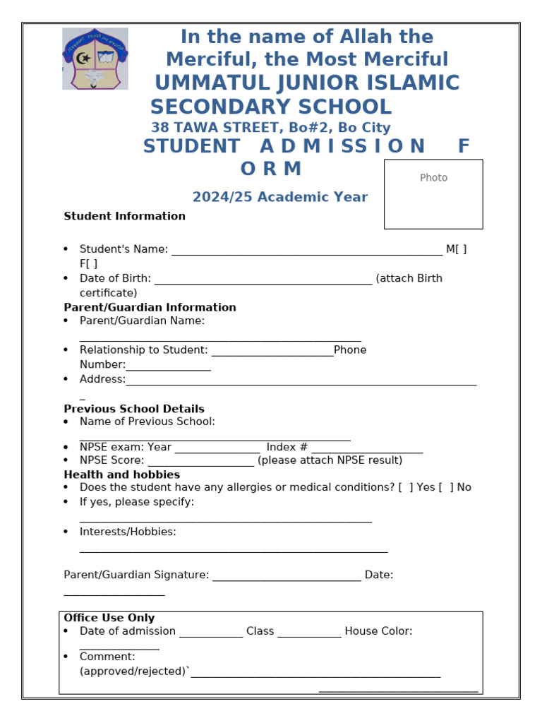 UMMATUL School Admission-Form | PDF