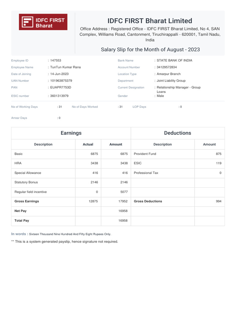 Payslip A64ef58a2e9356 2023-08 | PDF | Public Finance | Taxation