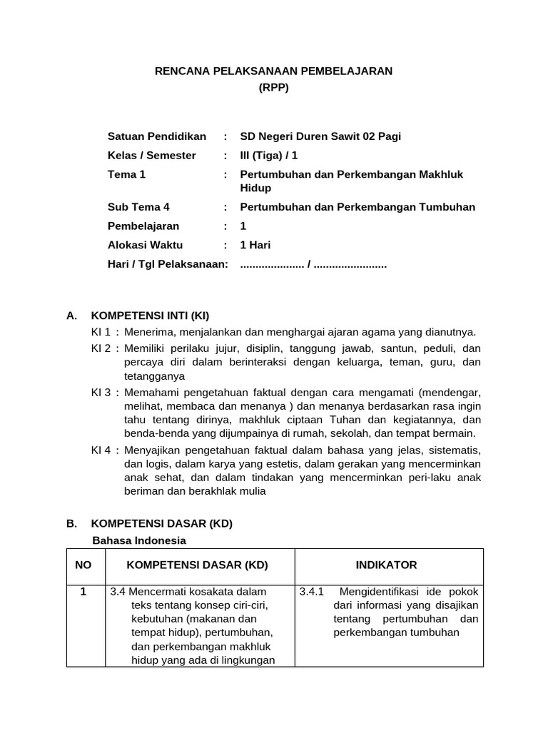 RPP Kelas 3 Tema 1 Subtema 4 Pemb 1 | PDF | Sains & Matematika