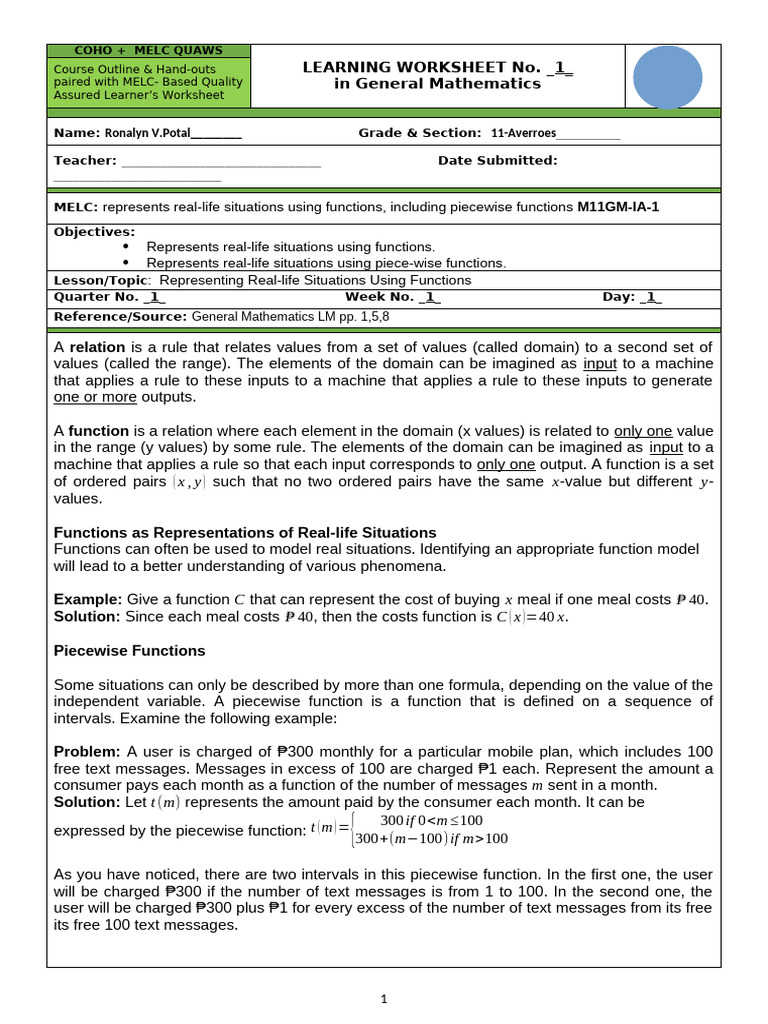 GEN-MATH-Q1-WEEK-1 Ronalyn V Potal | PDF | Function (Mathematics) | Text Messaging