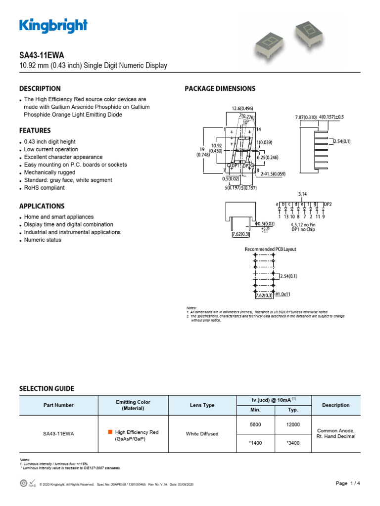 Kingbright SA43 11EWA Datasheet | PDF | Soldering | Printed Circuit Board