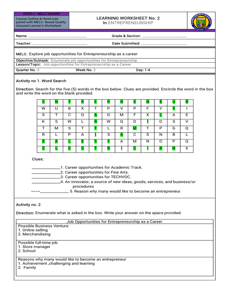 Entrep Worksheet-Week-2 - Ronalyn Potal | PDF