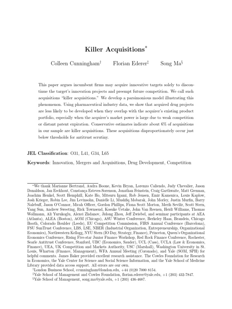 Killer Acquisition | PDF | Mergers And Acquisitions | Clinical Trial
