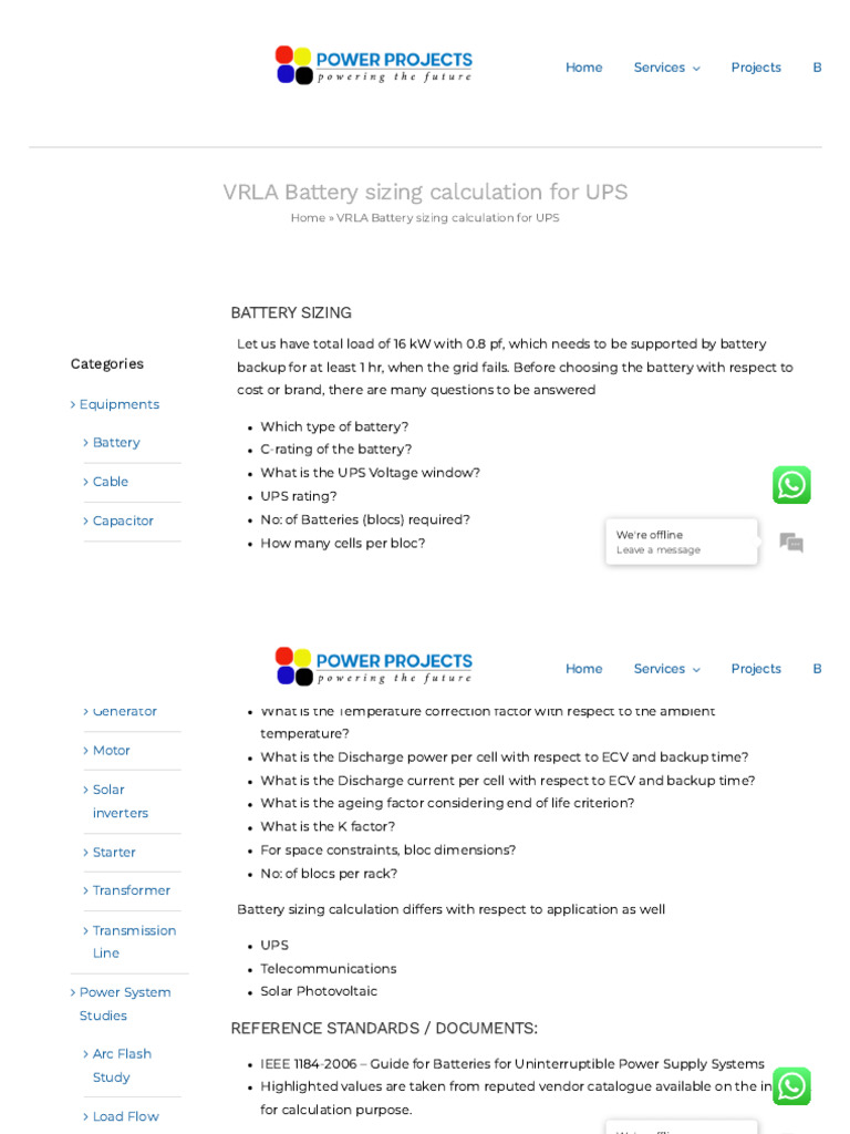 VRLA Battery Sizing Calculation For UPS - Power System Studies | PDF ...