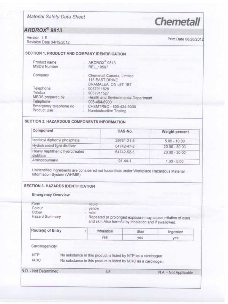 Ardrox 9813 Bulk MSDS v1.8 | PDF