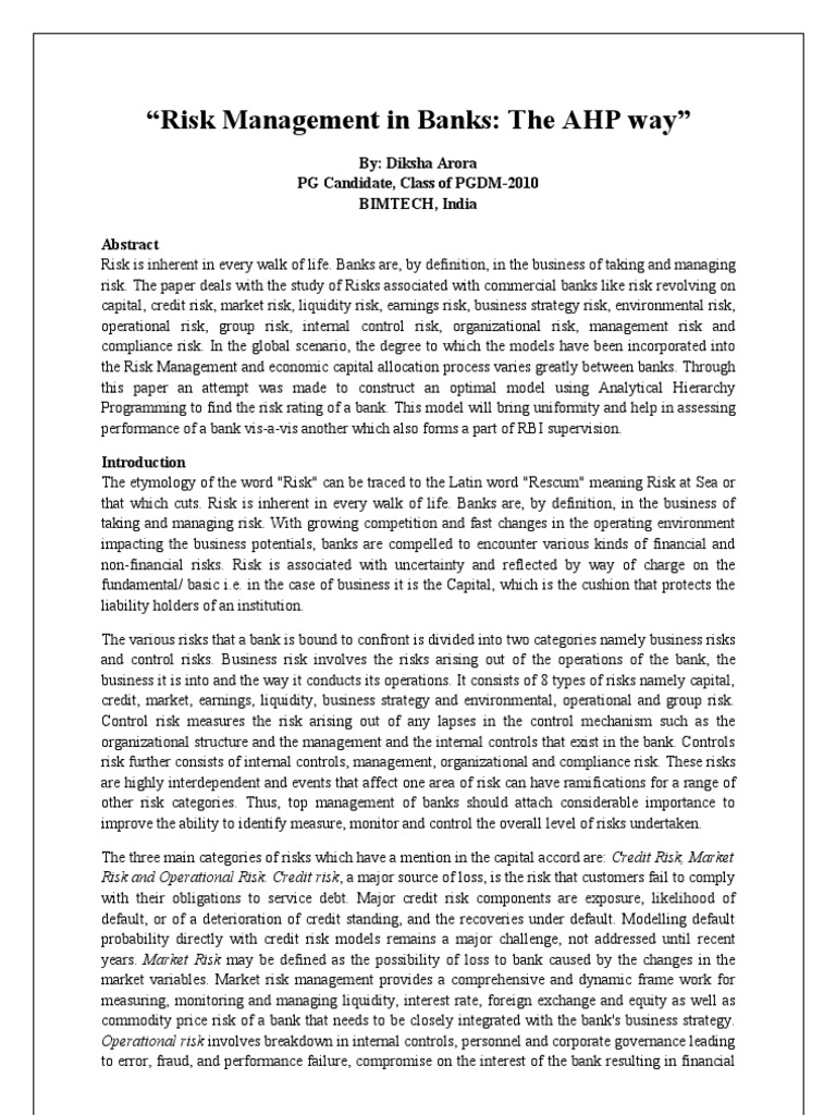 Risk Management in Banks, The AHP Way - Diksha Arora | PDF | Risk ...