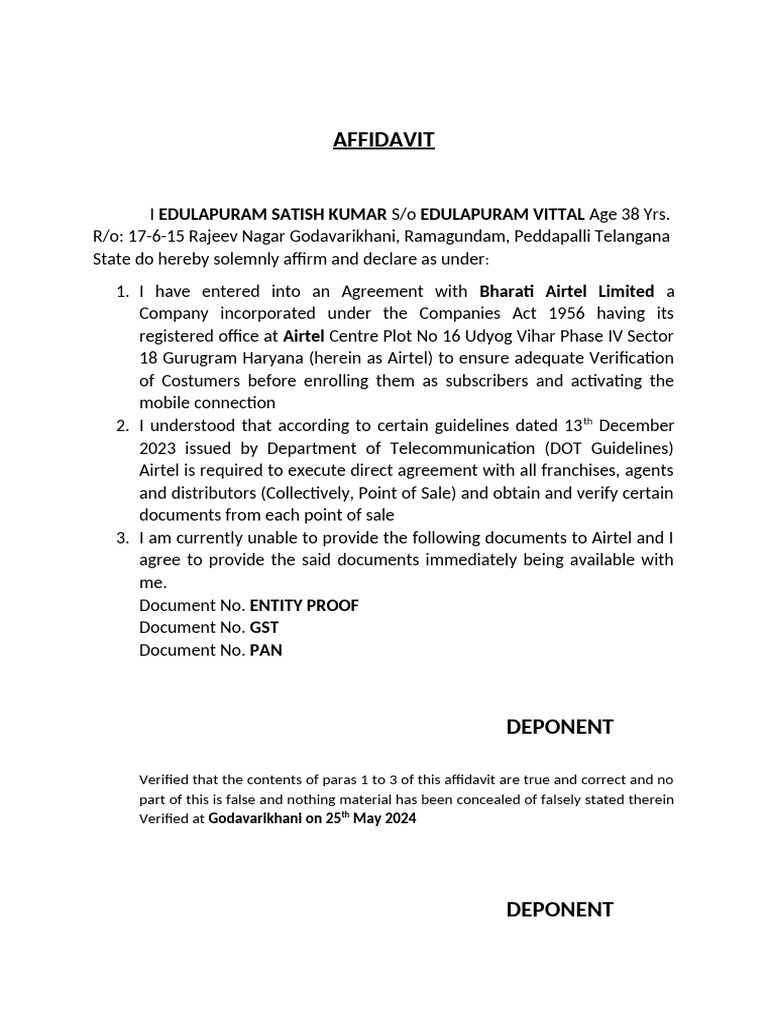 Airtel AFFIDAVIT | PDF | Finance & Money Management | Social Science