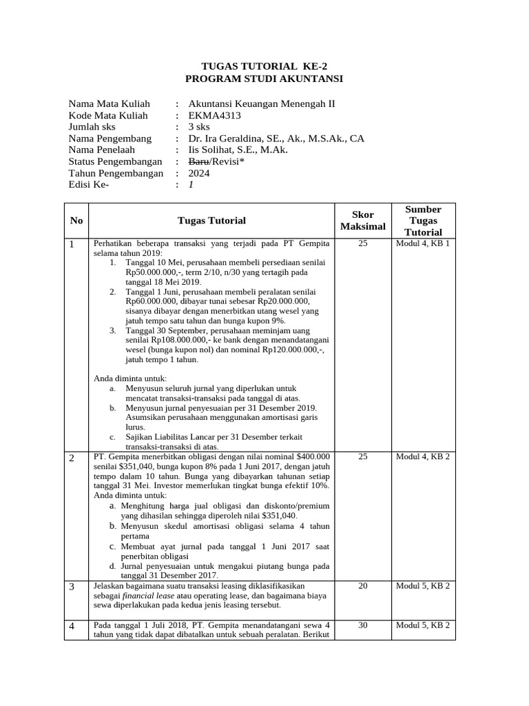 Jawaban Tugas 2 Akuntansi Keuangan Menengah II Ekma 4313 | PDF