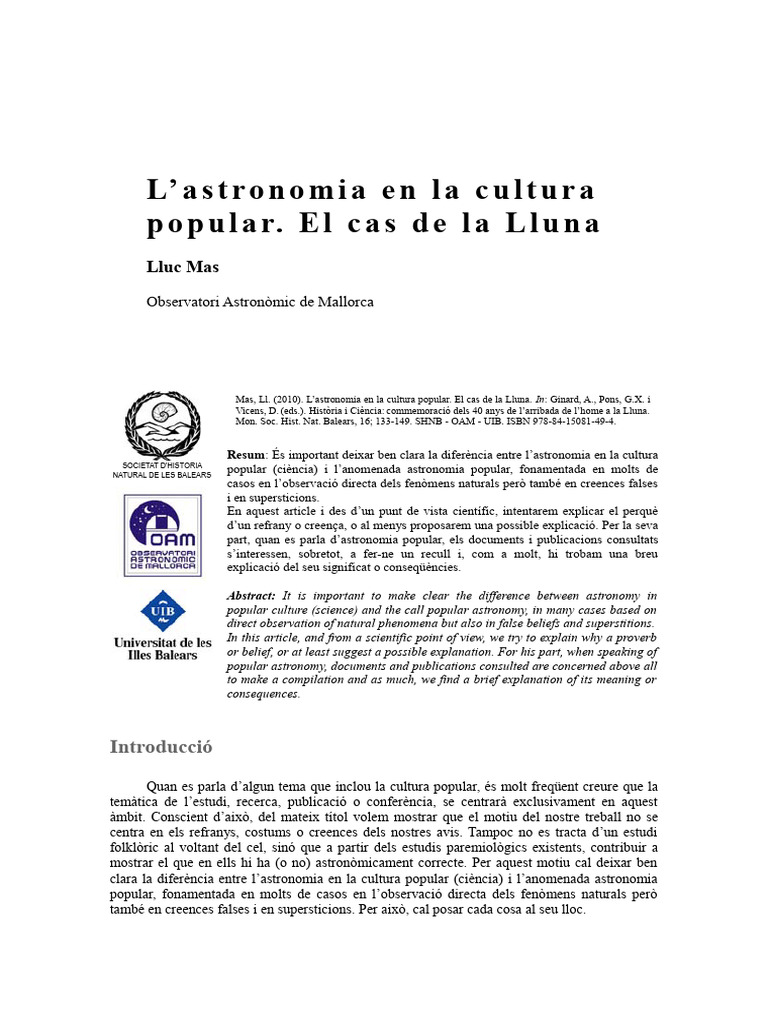 Mas, Lluc - L'astronomia en La Cultura Popular. El Cas de La Lluna | PDF