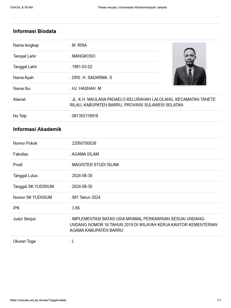 Biodata Wisuda M. Risa UMJ 2024 | PDF