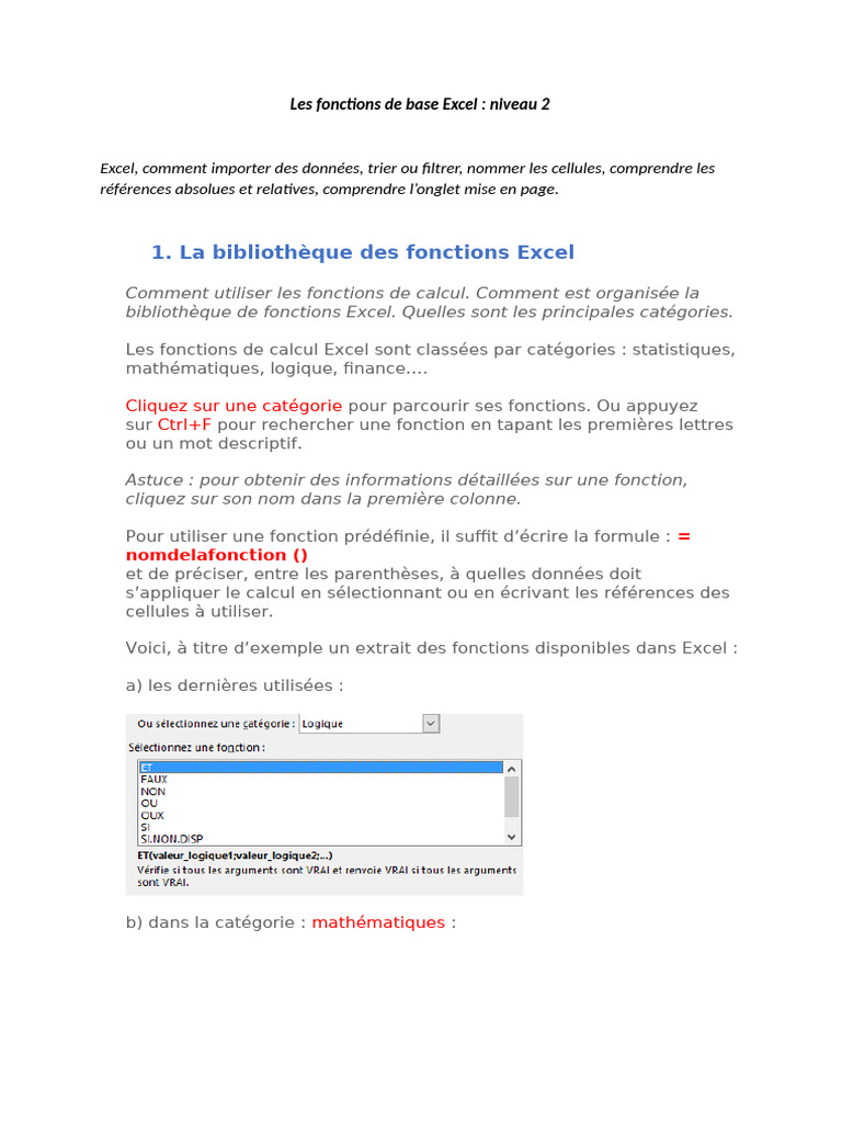 Fonctions Excel Niveau 2 : Guide Pratique | PDF | Microsoft Excel ...