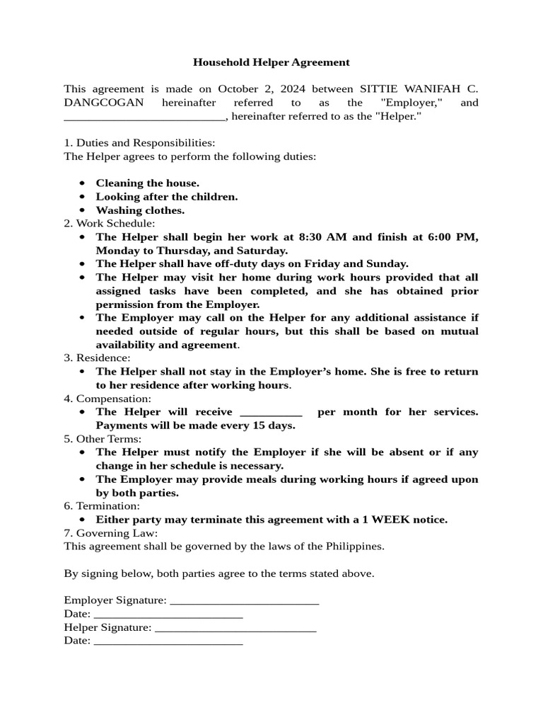 Household Helper Agreement | PDF | Law