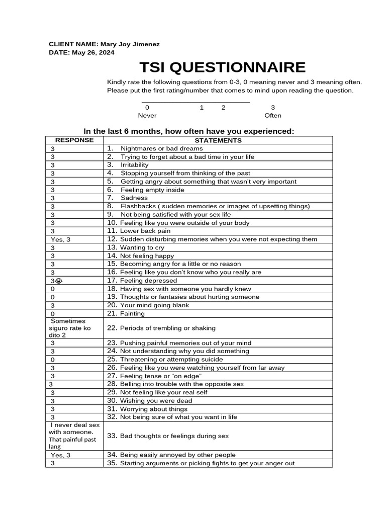 Tsi Questionnaire | PDF | Feeling | Anger
