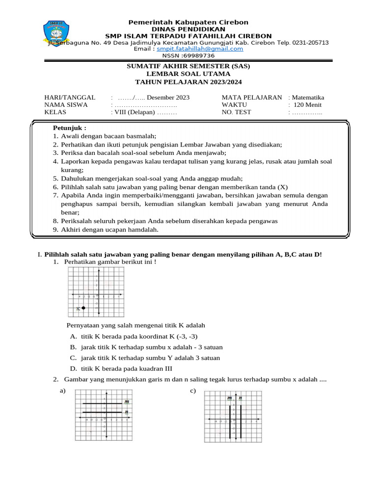 Soal Pas MTK KLS 8 2023 - 2024 | PDF