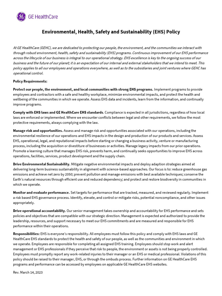 GEHC EHS Sustainability Policy 2023 Ext Version | PDF | Climate Change Mitigation | Sustainability