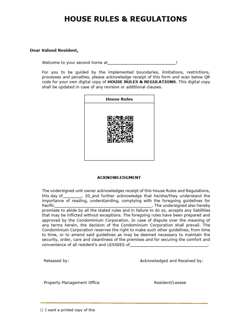 Residential House Rules Form | PDF