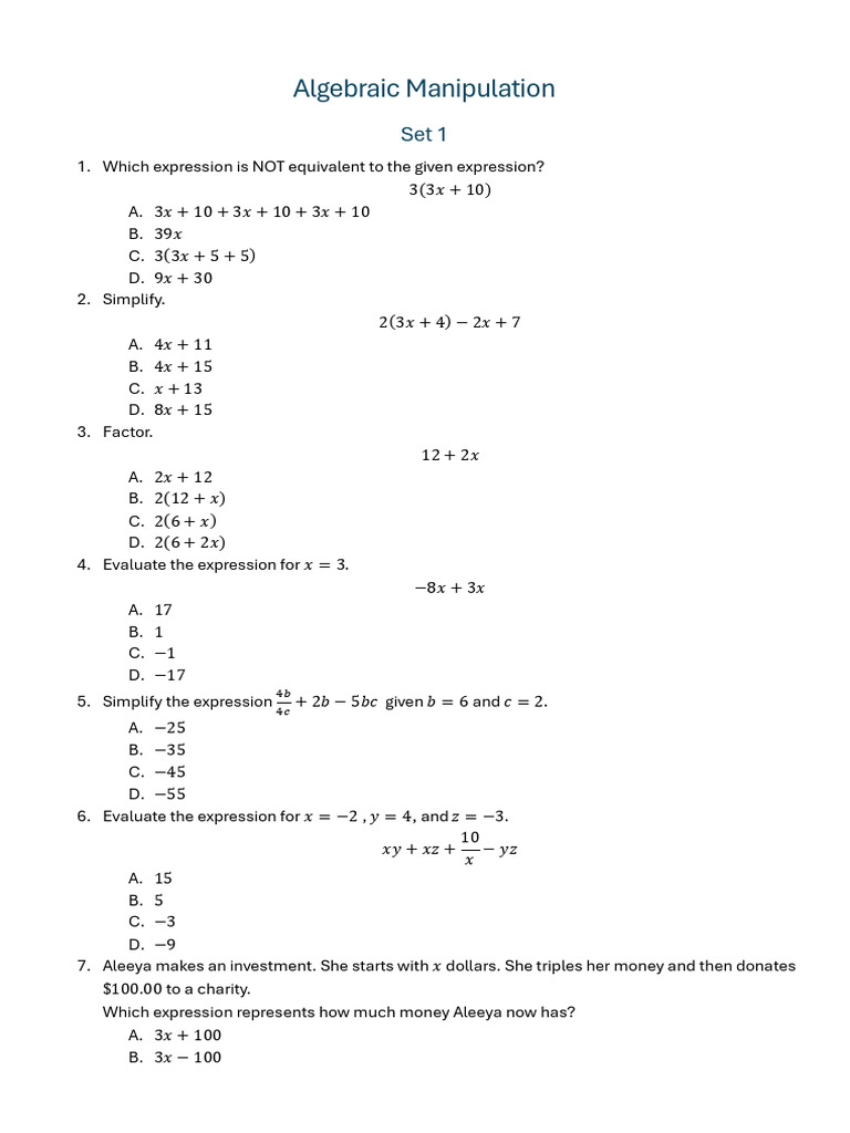 Algebraic Manipulation Exercises | PDF | Abstract Algebra | Algebra