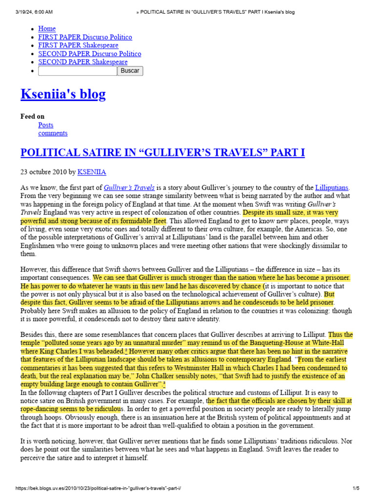 Political Satire in "Gulliver's Travels" Part I Kseniia's Blog | PDF ...