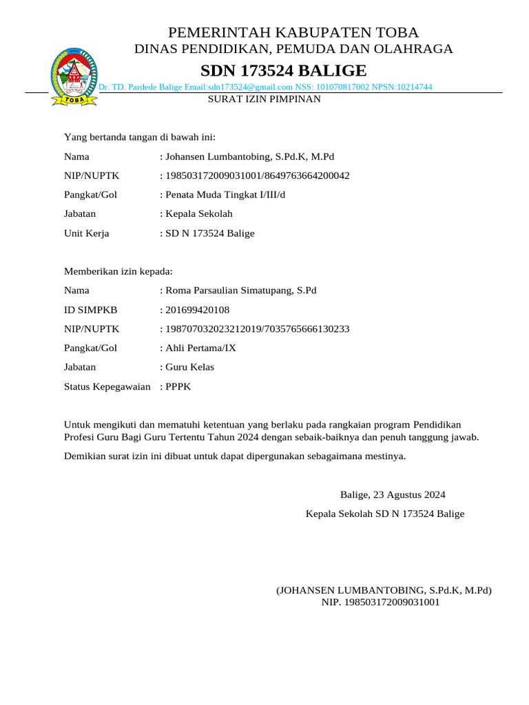 Surat Ijin Pimpinan - Roma | PDF