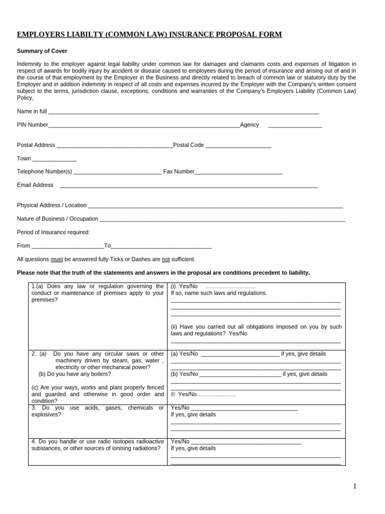 Employers Liability Insurance Proposal Form | PDF | Liability Insurance ...