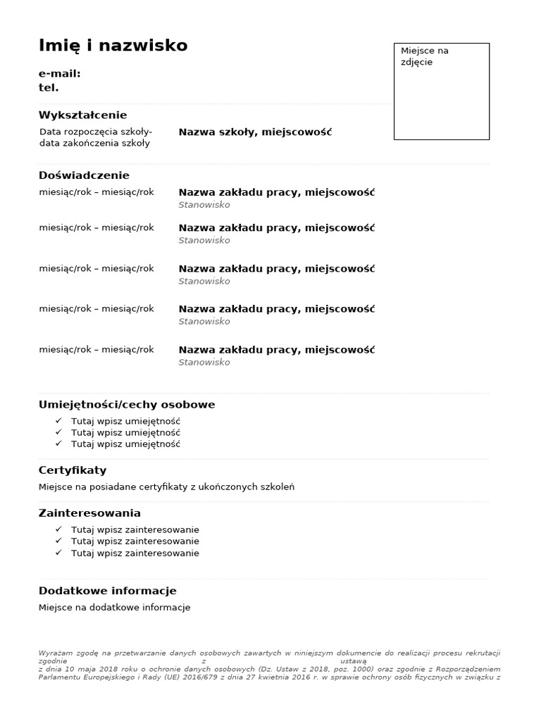 Szablon CV W J. Polskim Z Miejscem Na Zdjęcie | PDF