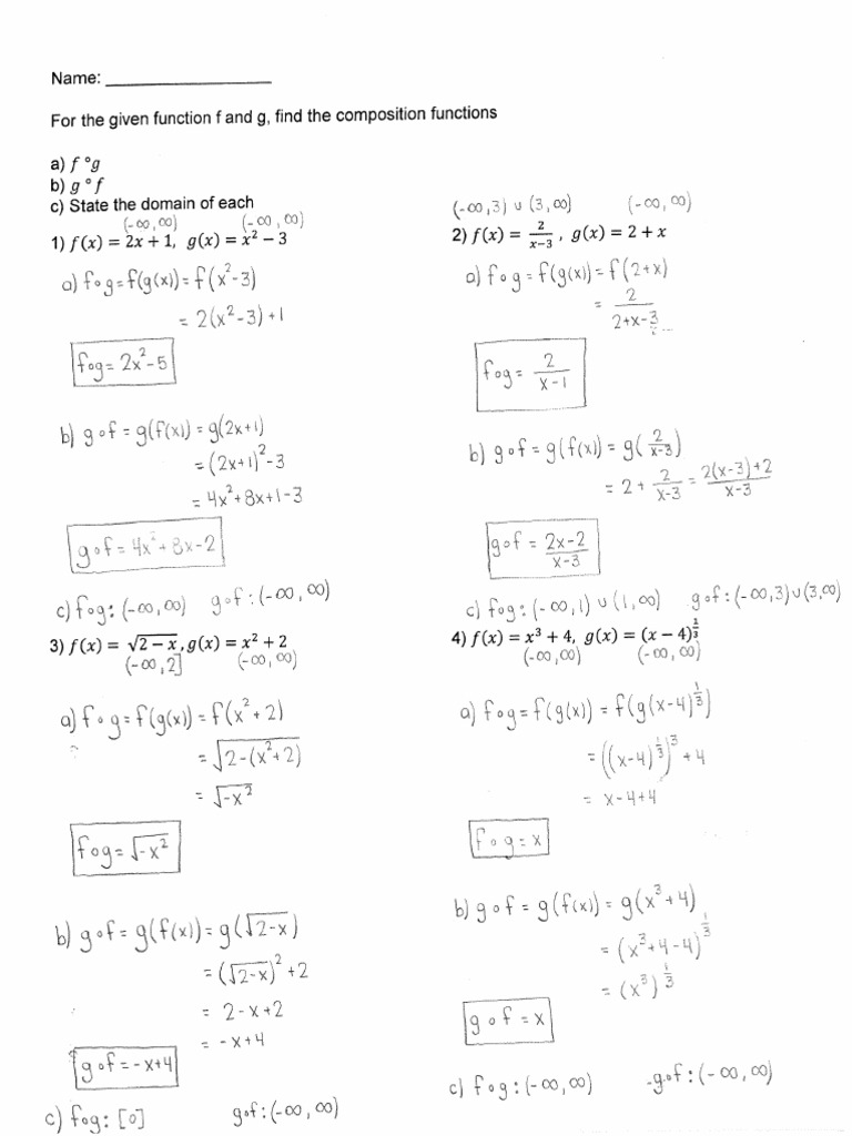 Composition of Functions Homework WS 1 Solutions | PDF