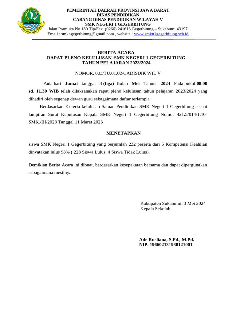 Rapat Pleno Kelulusan SMK Negeri 1 Gegerbitung | PDF