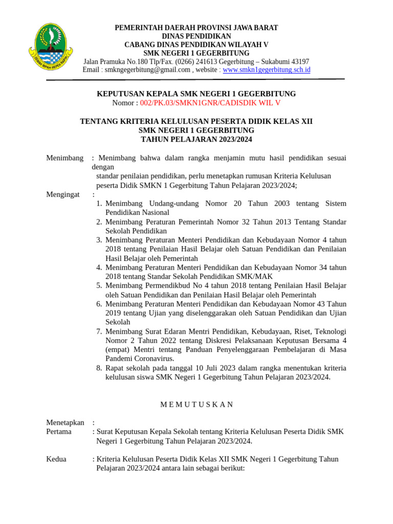 Kriteria Kelulusan SMK Negeri 1 Gegerbitung 2023 | PDF | Bisnis