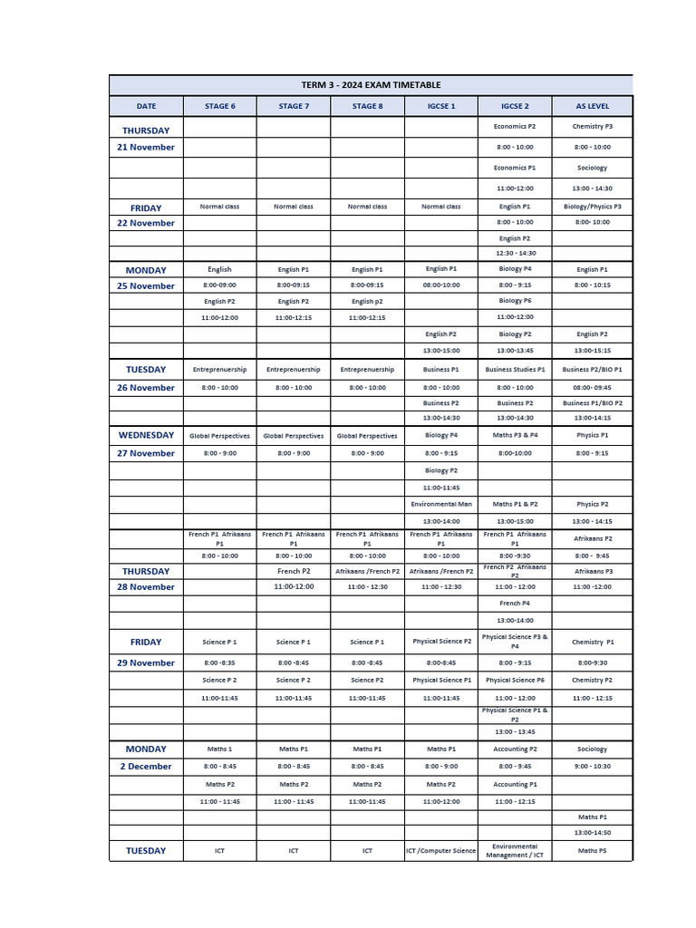 Exam Timetable Term 3 2024 | PDF | Science