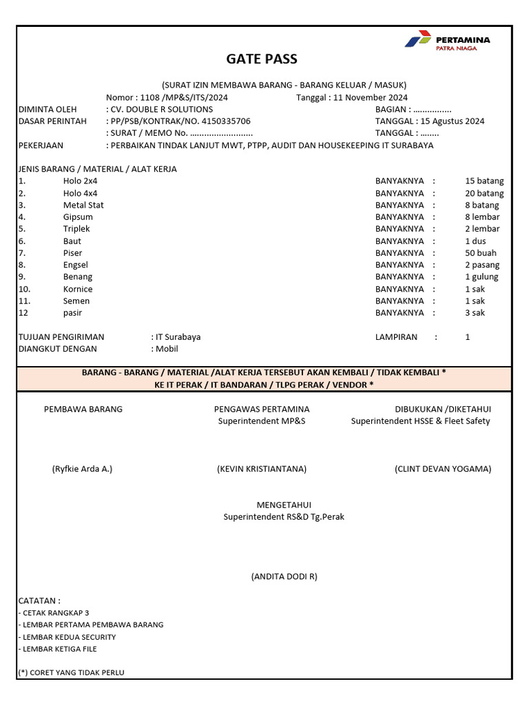 Gatepass Material | PDF