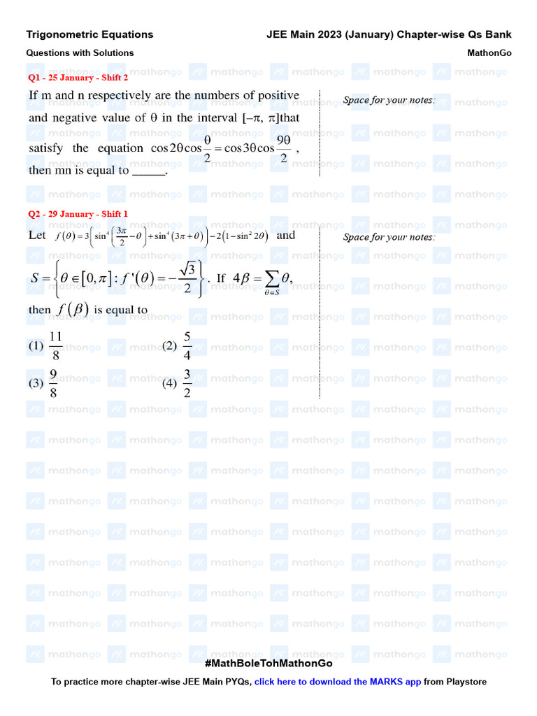Trigonometric Equations - JEE Main 2023 January Chapter Wise Questions ...
