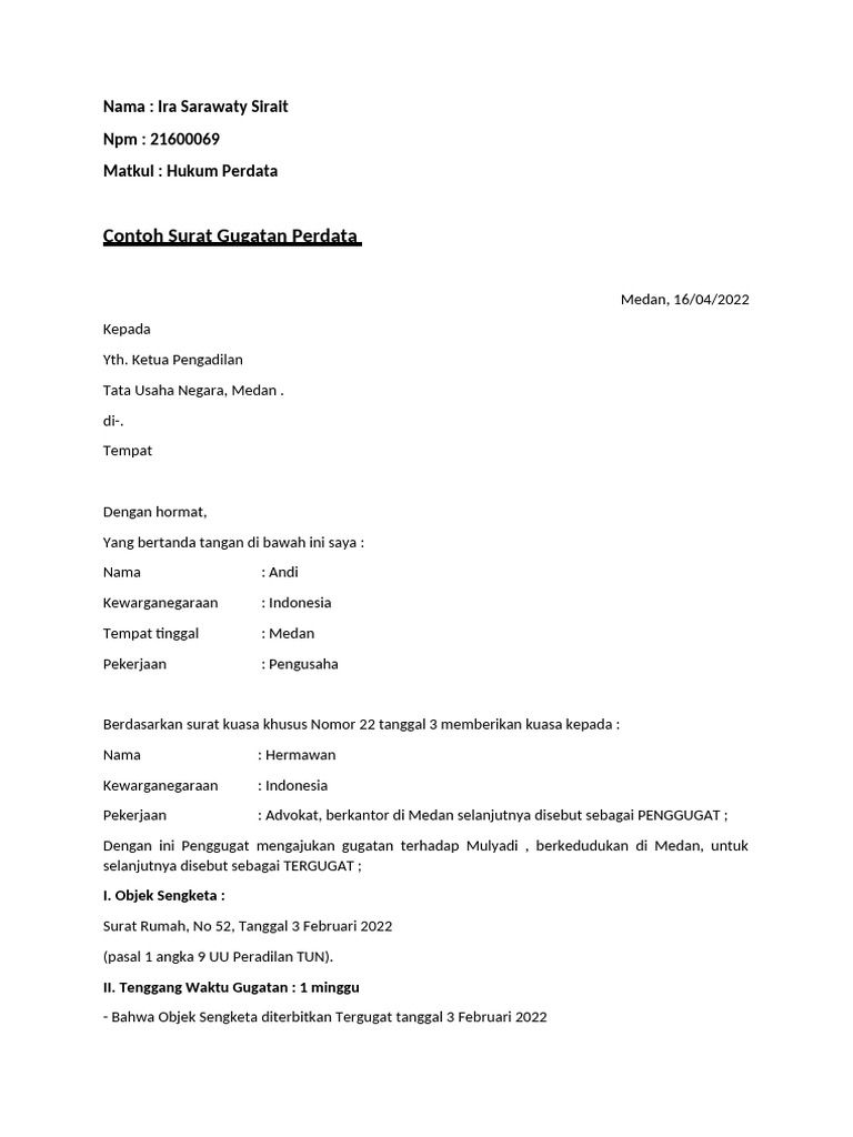 Contoh Surat Gugatan Perdata | PDF