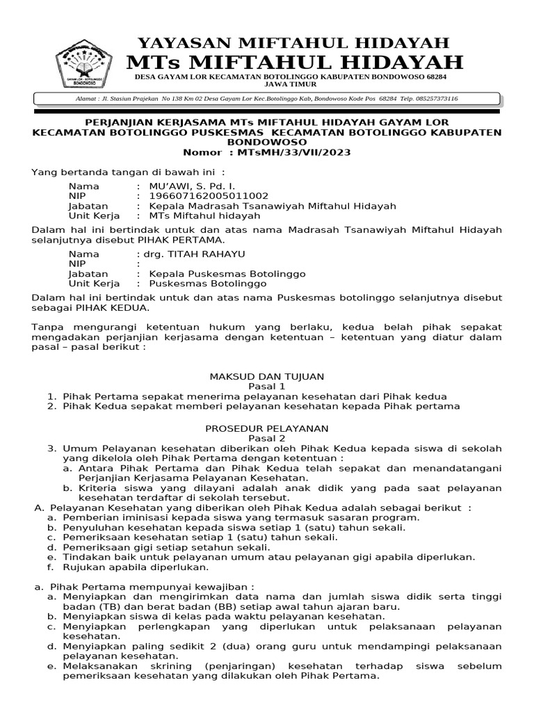 MOU MTs DAN PUSKESMAS | PDF
