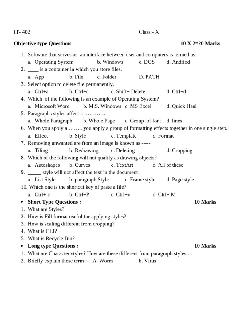 IT-402 Class X Objective Questions Guide | PDF | Computers