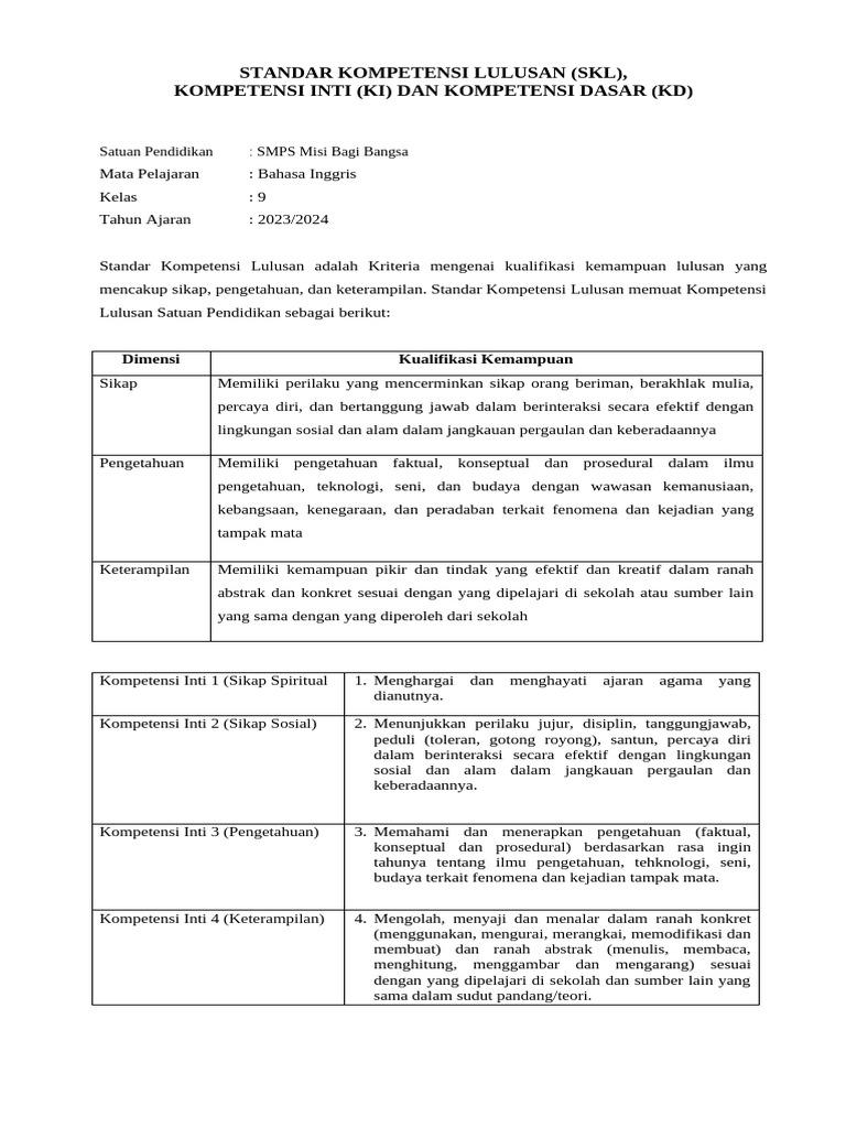 SKL, Ki Dan KD Bahasa Inggris Kelas 9 | PDF